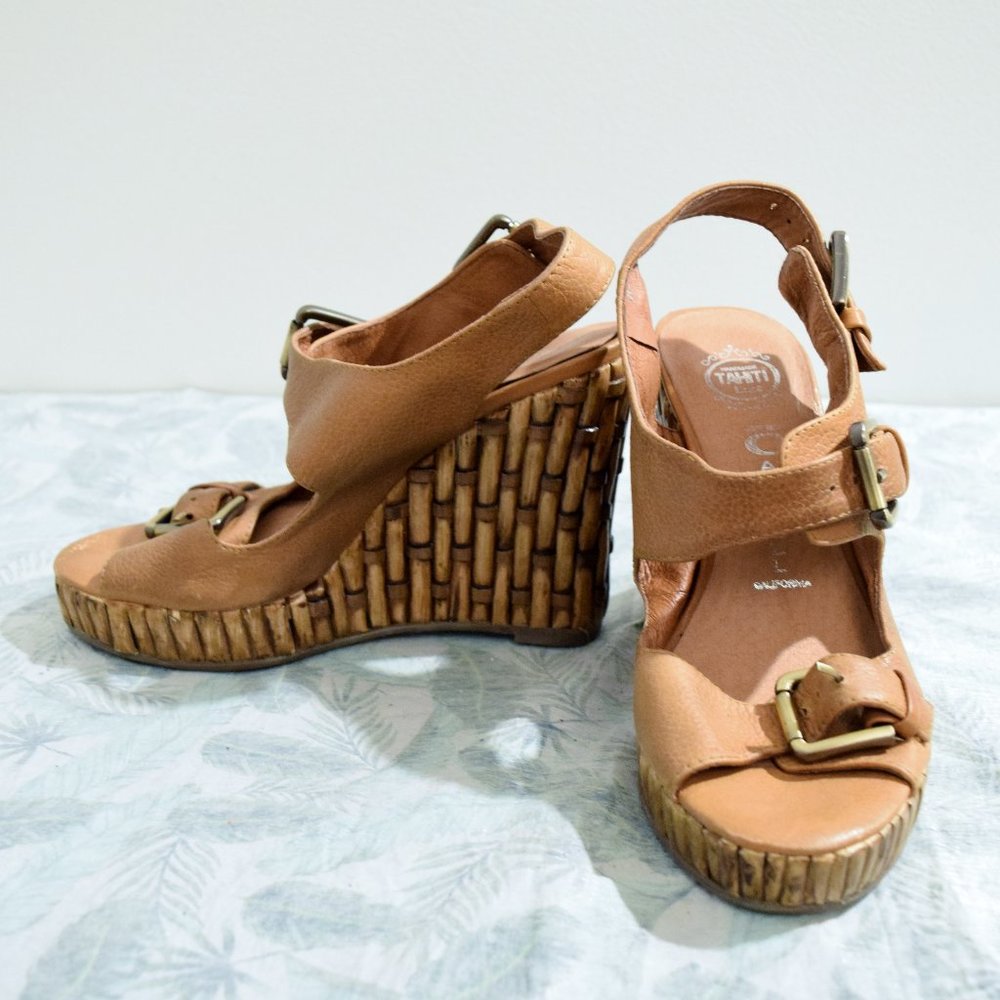 Jeffrey Campbell Tan Leather Woven Cork Wedge Heels |… - Gem